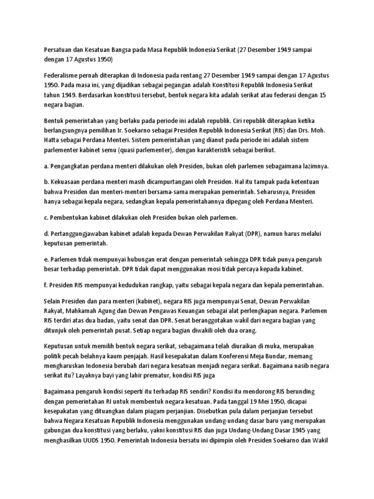 Persatuan Dan Kesatuan Bangsa Pada Masa Republik Indonesia Serikat | PDF