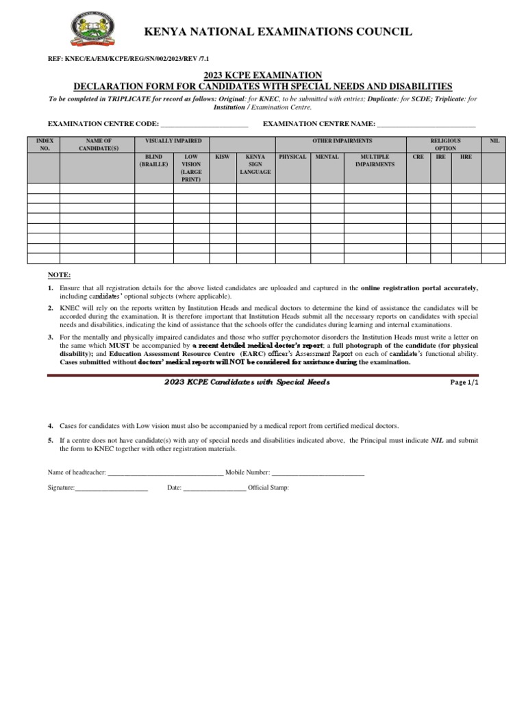 KCPE 2023 Special Needs Declaration Form | PDF | Visual Impairment ...