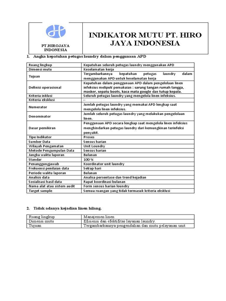 Indikator Mutu Pt. Hito Jaya Indonesia | PDF