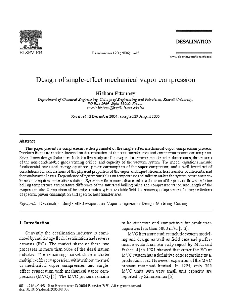 Design of Single-Effect Mechanical Vapor Compression | PDF | Heat ...