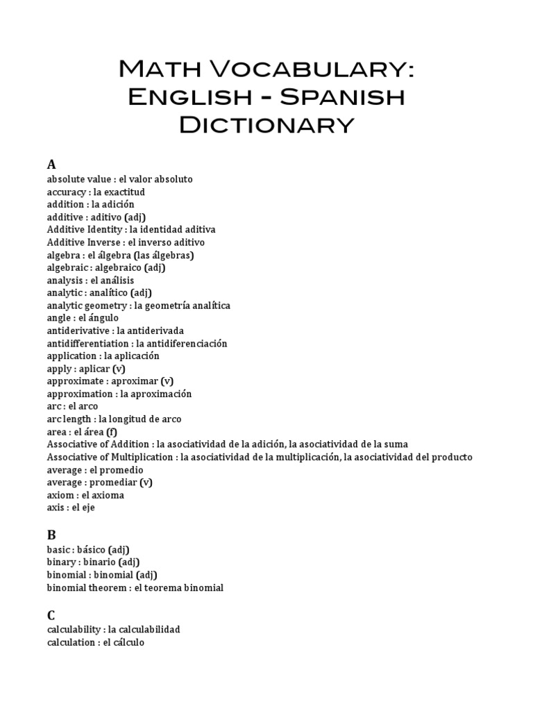 Math Vocabulary English - Spanish Dictionary | PDF | Vector Euclidiano ...
