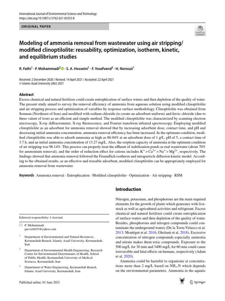 Modeling of Ammonia Removal From Wastewater Using Air Stripping/ Modified Clinoptilolite ...
