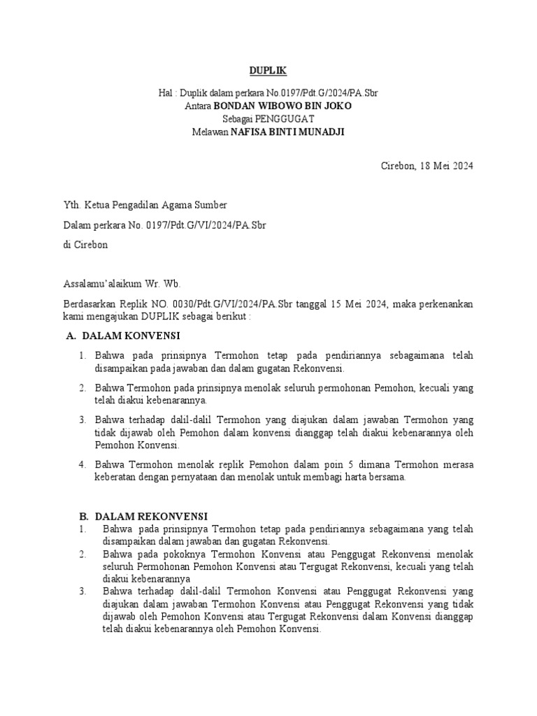 Duplik Dalam Perkara Cerai No. 0197/Pdt.G/2024/PA.Sbr | PDF