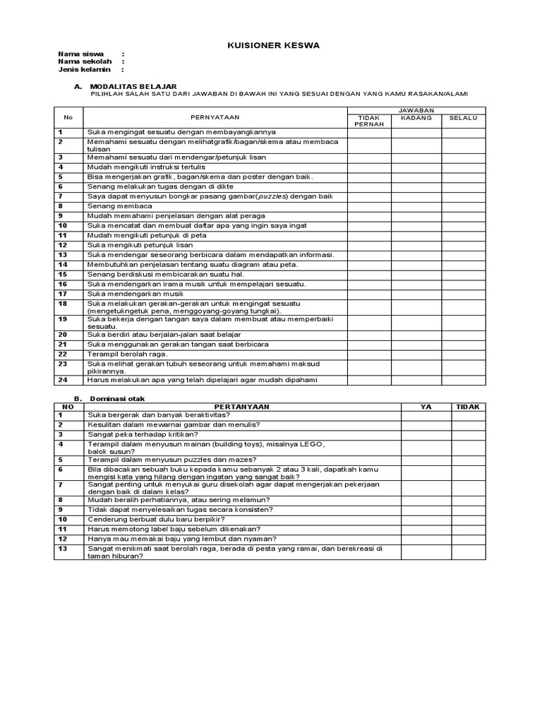 Kuisioner Keswa | PDF | Seni & Disiplin Bahasa | Pengembangan Diri