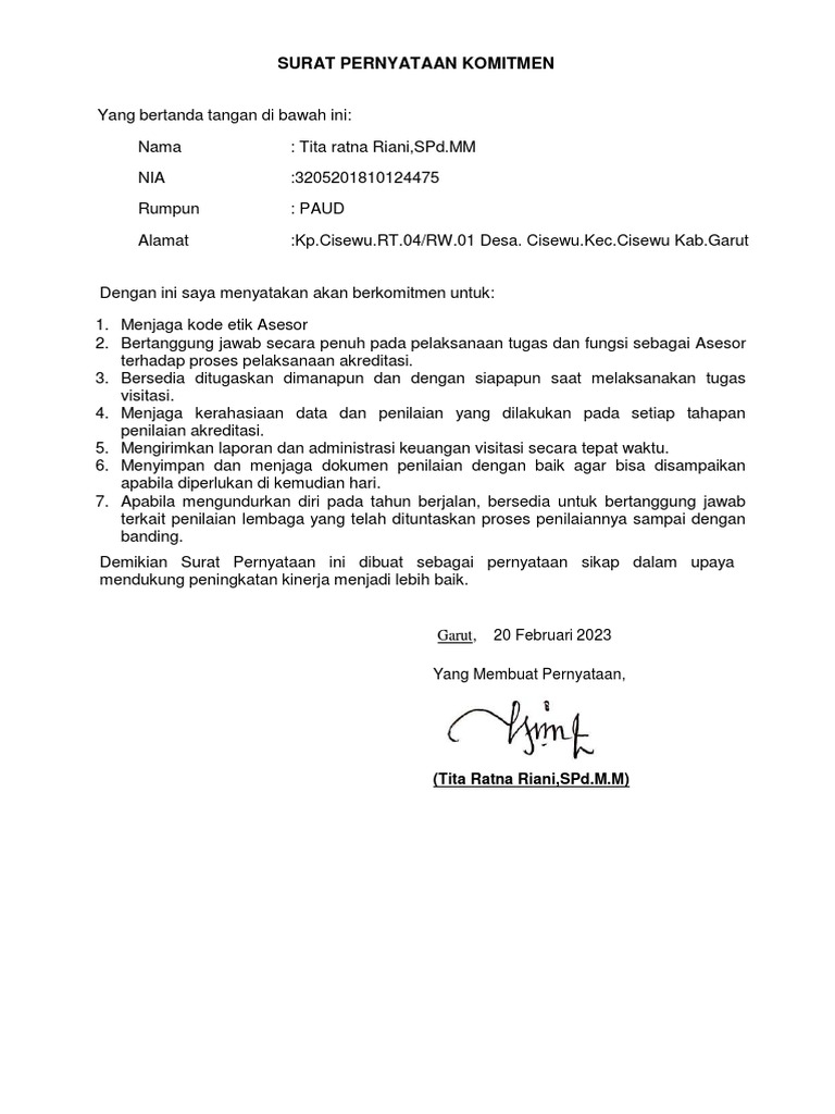 Surat Pernyataan Komitmen Asesor TITA RATNA RIANI_compressed | PDF
