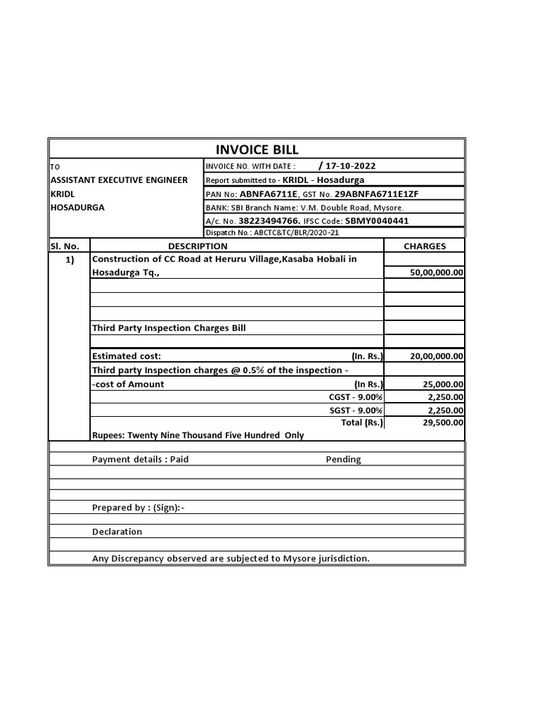 Herure 3RD Party Insp - Bill Without TDS 10% | PDF