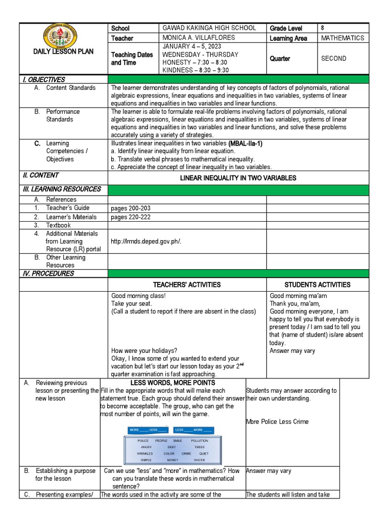 I. Objectives | PDF | Equations | Variable (Mathematics)