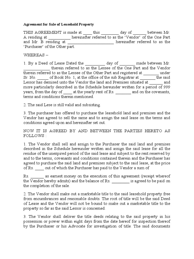 Agreement For Sale of Leasehold Property | PDF | Mortgage Law | Lease