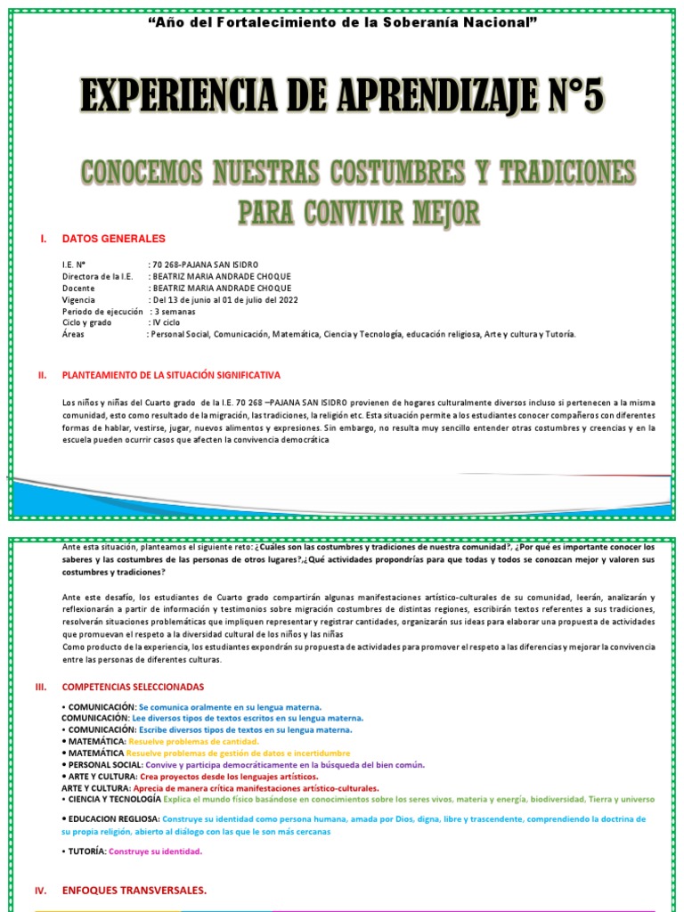 Experiencia de Aprendizaje N°5: Conocemos Nuestras Costumbres Y Tradiciones para Convivir Mejor ...