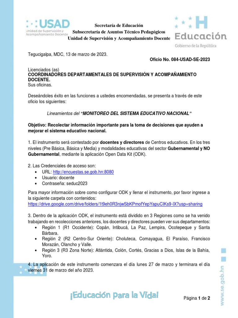 Oficio No. 084-USAD-SE-2023 Lineamientos Del Monitoreo Del Sistema Educativo Nacional-Mes de ...