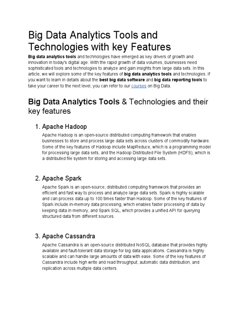 Big Data Analytics Tools and Technologies With Key Features | PDF | Apache Spark | Apache Hadoop