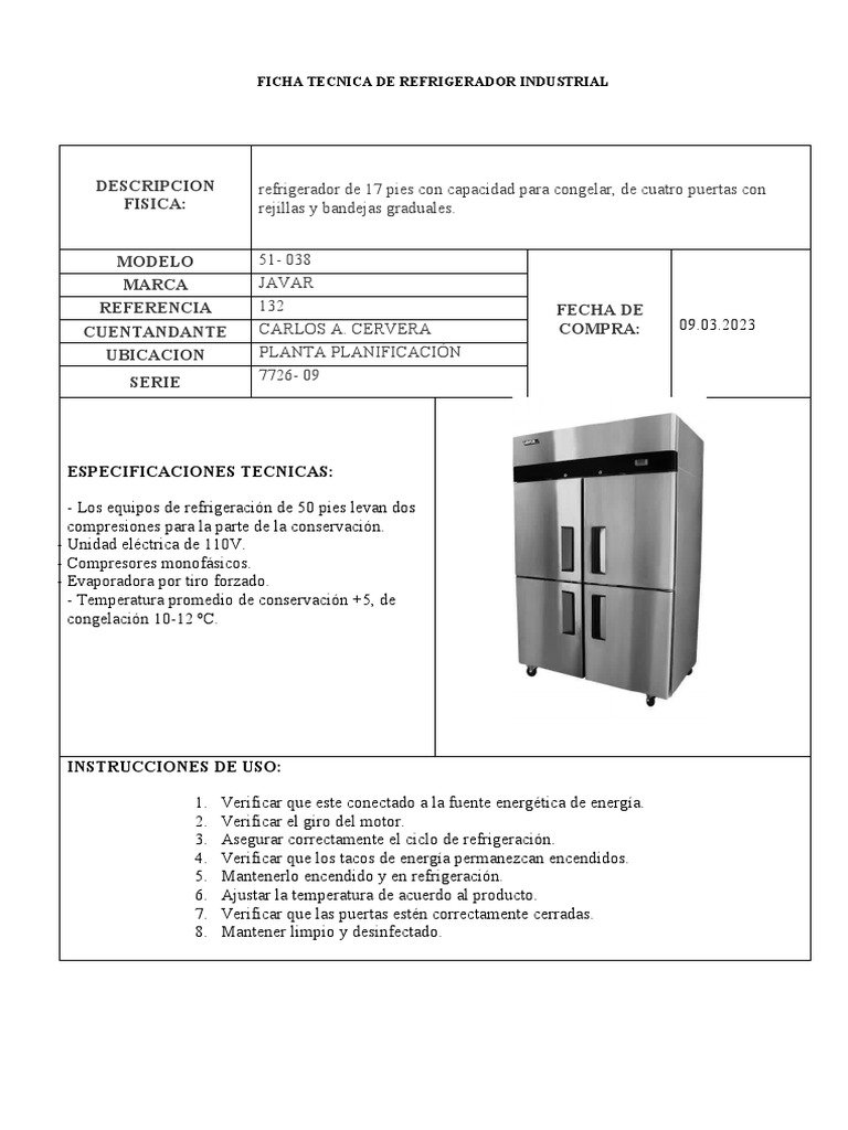 Ficha Tecnica de Refrigerador Industrial | PDF | Agua | Refrigeración