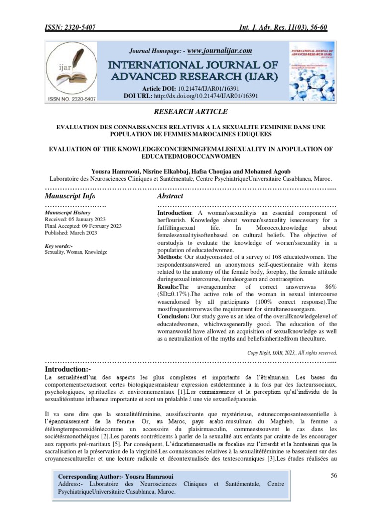 Evaluation Des Connaissances Relatives A La Sexualite Feminine Dans Une ...