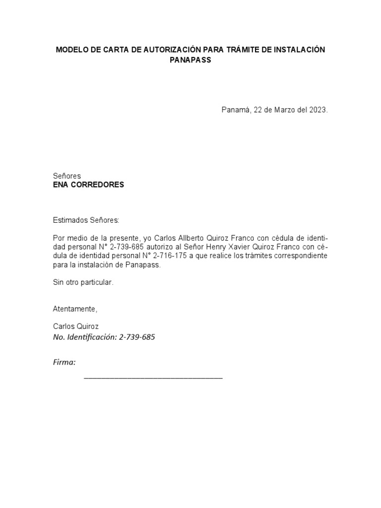 Modelo de Carta de Autorización para Trámite de Instalación Panapass | PDF