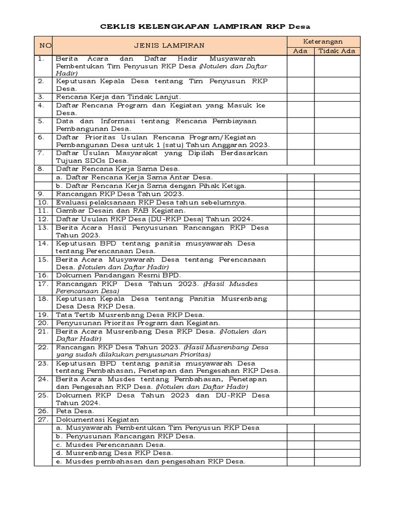 CEKLIS KELENGKAPAN LAMPIRAN RKP Desa | PDF