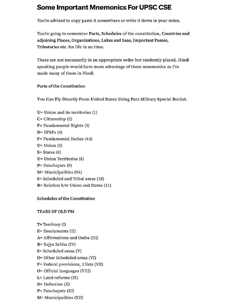 Mnemonics For UPSC - Copy 1 | PDF