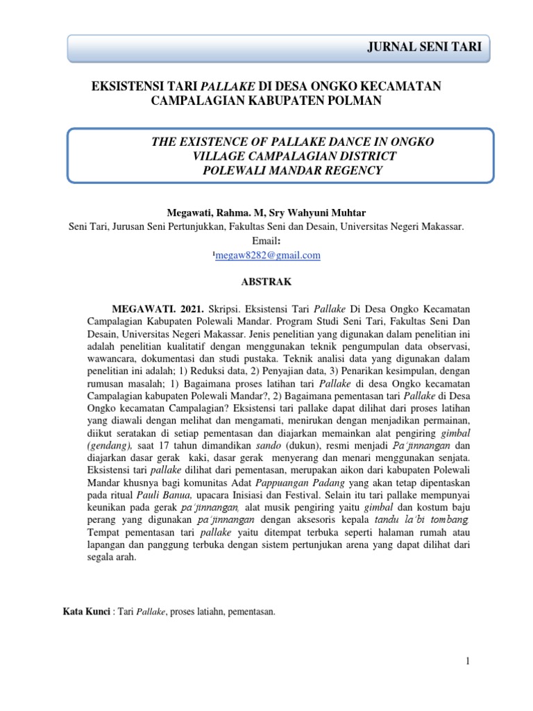 Eksistensi Tari Pallake Di Desa Ongko Kec. Campalagian Kab. Polman | PDF