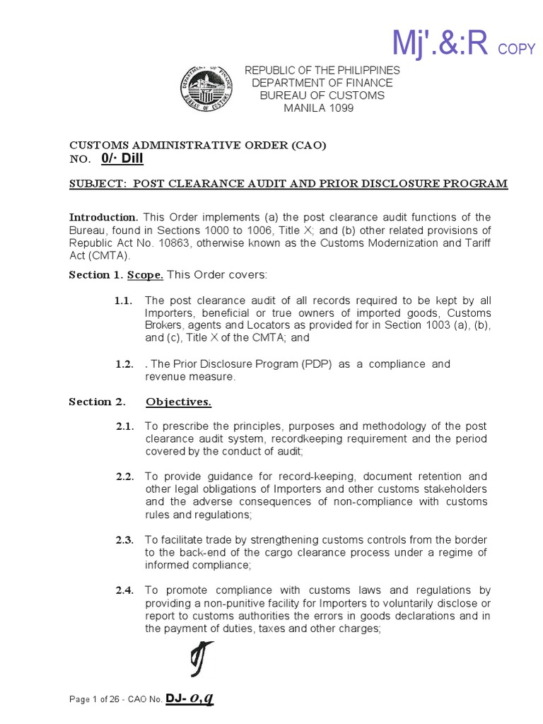 Cao-01-2019 Post Clearance Audit and Prior Disclosure Program | PDF