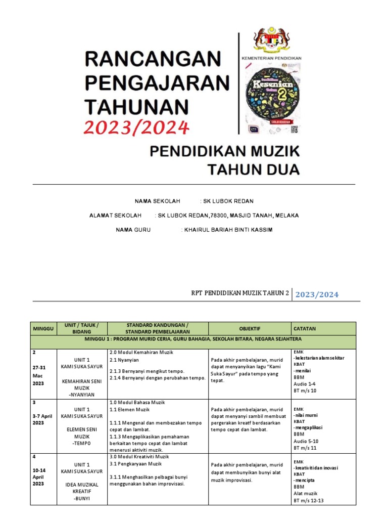 RPT Pendidikan Muzik Tahun 2 2023/2024 | PDF