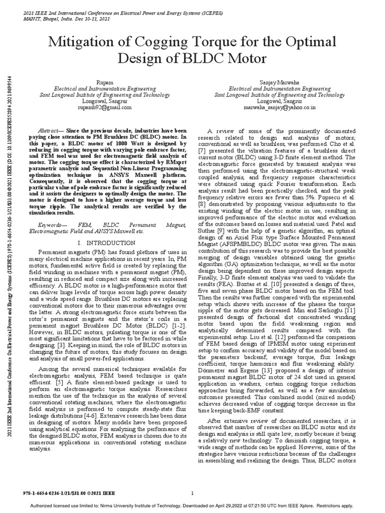 Mitigation of Cogging Torque For The Optimal Design of BLDC Motor | PDF ...