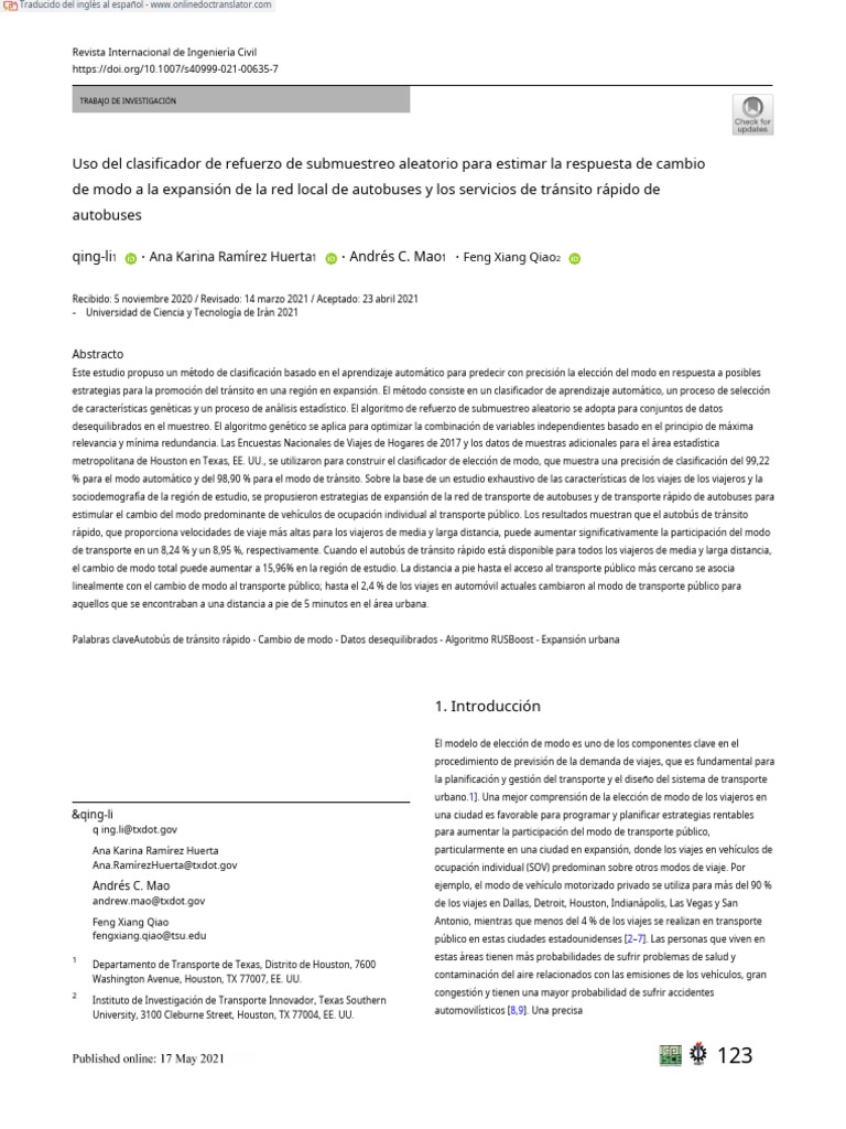 Using Random Undersampling Boosting En Es Pdf Transporte Transporte Público