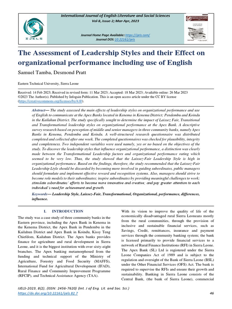 The Assessment of Leadership Styles and Their Effect On Organizational Performance Including Use ...