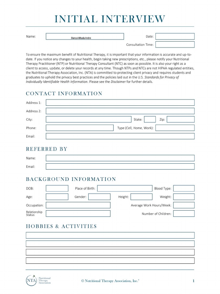 Initial Interview Questionnaire | PDF