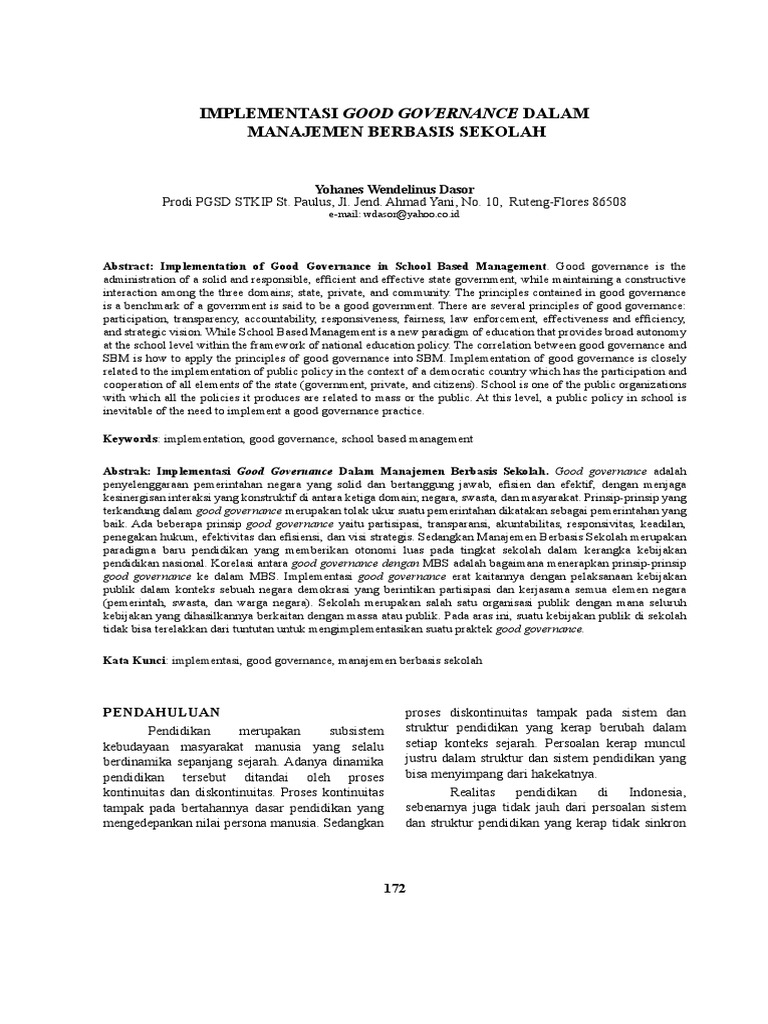 Implementasi Good Governance Dalam Manajemen Berbasis Sekolah | PDF | Governance | Forms Of ...