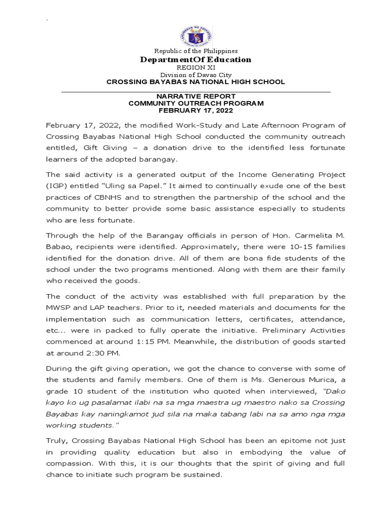 NARRATIVE REPORT Gift Giving | PDF