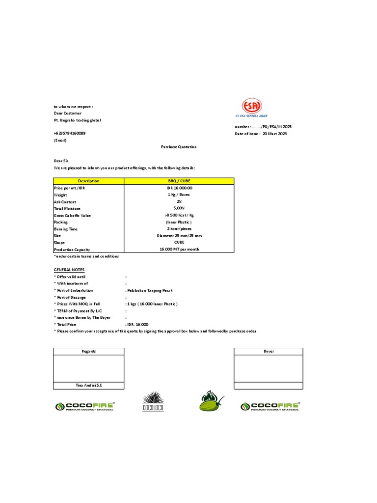 Purchase Quotation for BBQ/Cube Coal Product Offerings | PDF