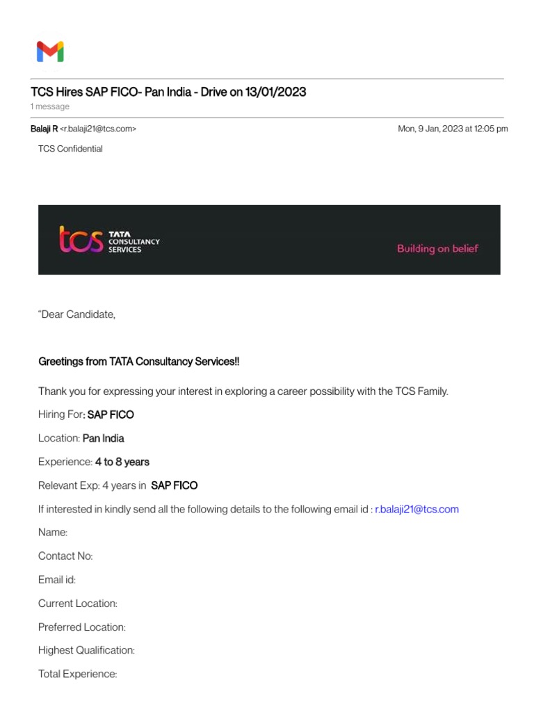 Gmail - TCS Hires SAP FICO - Pan India - Drive On 13 - 01 - 2023 | PDF