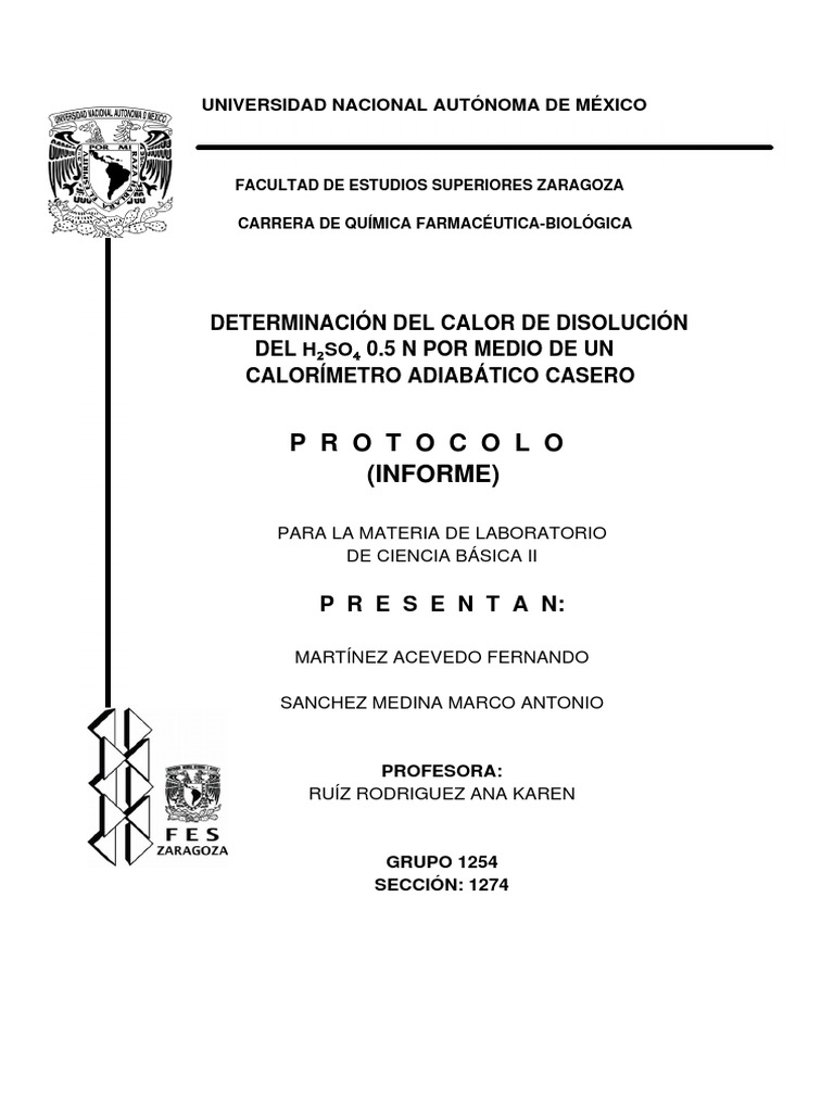 Informe Determinación Del Calor De Disolución Del H2so4 Por Medio De
