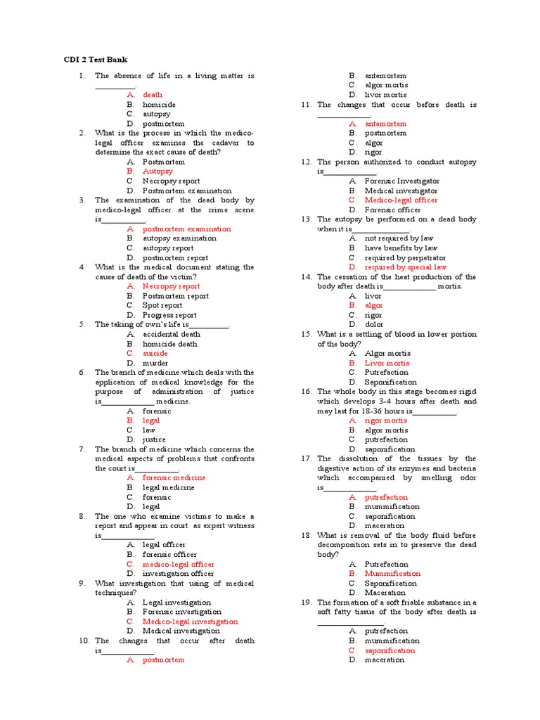 CDI 2 Test Bank | PDF | Autopsy | Injury