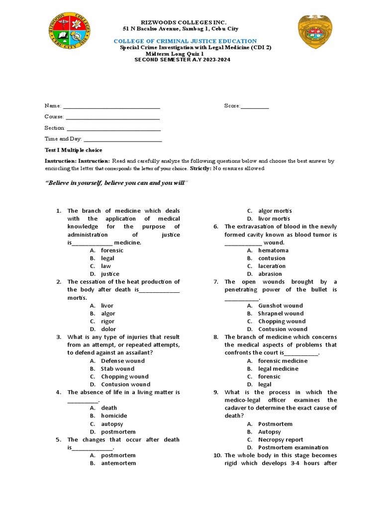 Midterm Long Quiz 1 CDI 2 | PDF | Autopsy | Wound