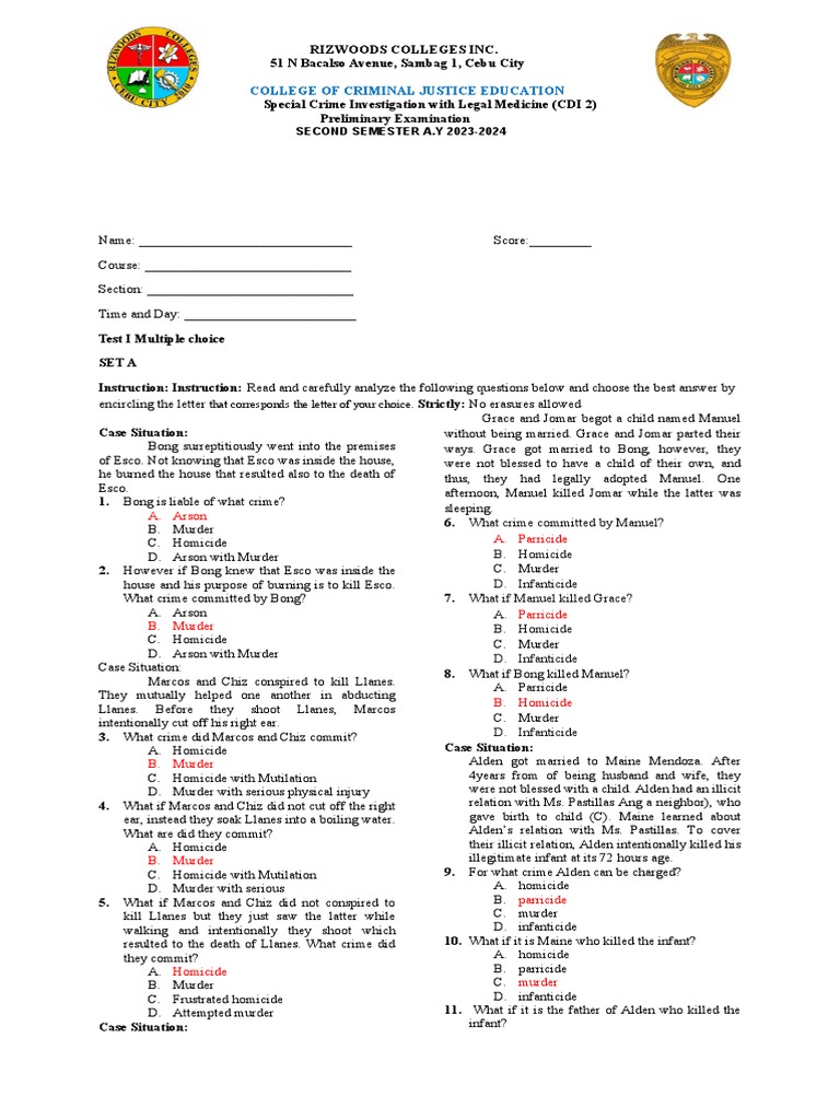 Criminal Law Exam: Key Case Scenarios | PDF | Autopsy | Crime Scene