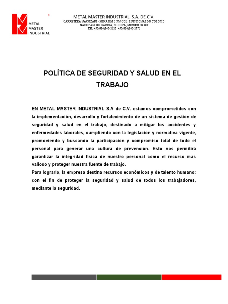 POLÍTICA DE SEGURIDAD Y SALUD EN EL TRABAJO | PDF