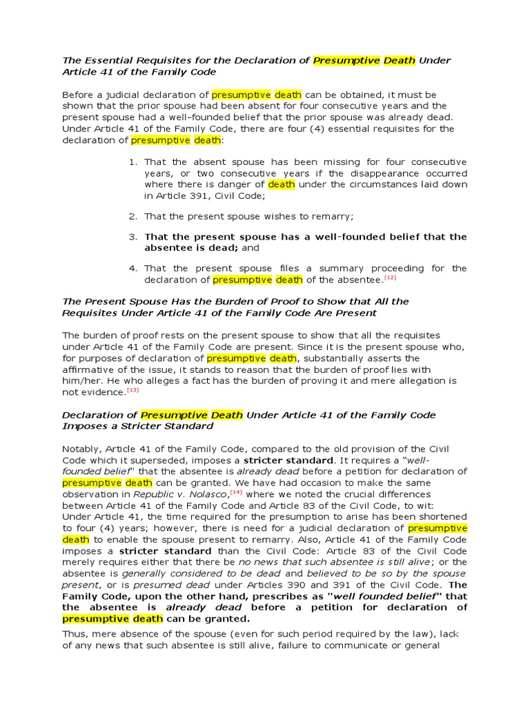 Presumptive Death Under Family Code Art. 41 | PDF | Burden Of Proof ...