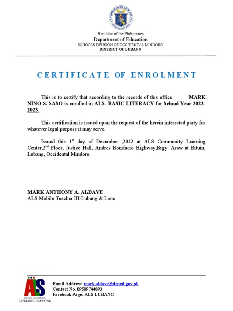 ALS Certificate of Enrollment 2022-2023 | PDF
