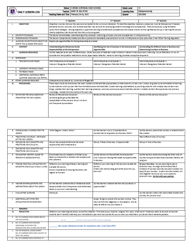 ENTREP-DLL-Feb 2024 Week 2 | PDF | Learning | Entrepreneurship