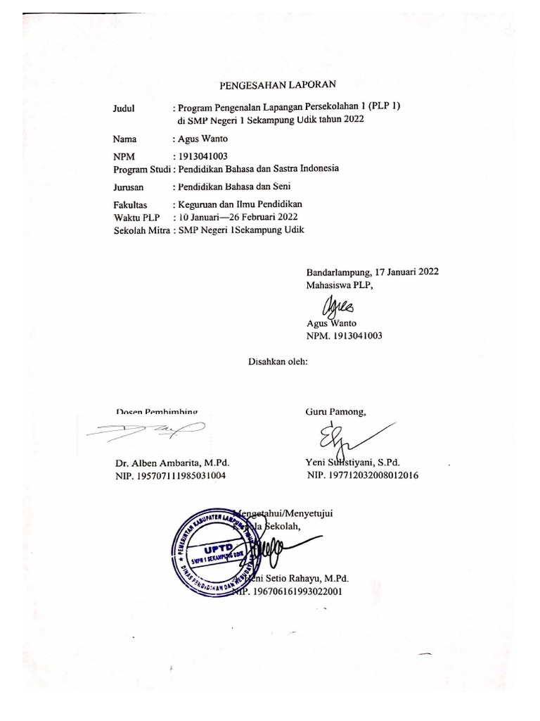 Lembar Pengesahan PLP Kel. Pugung Raharjo | PDF