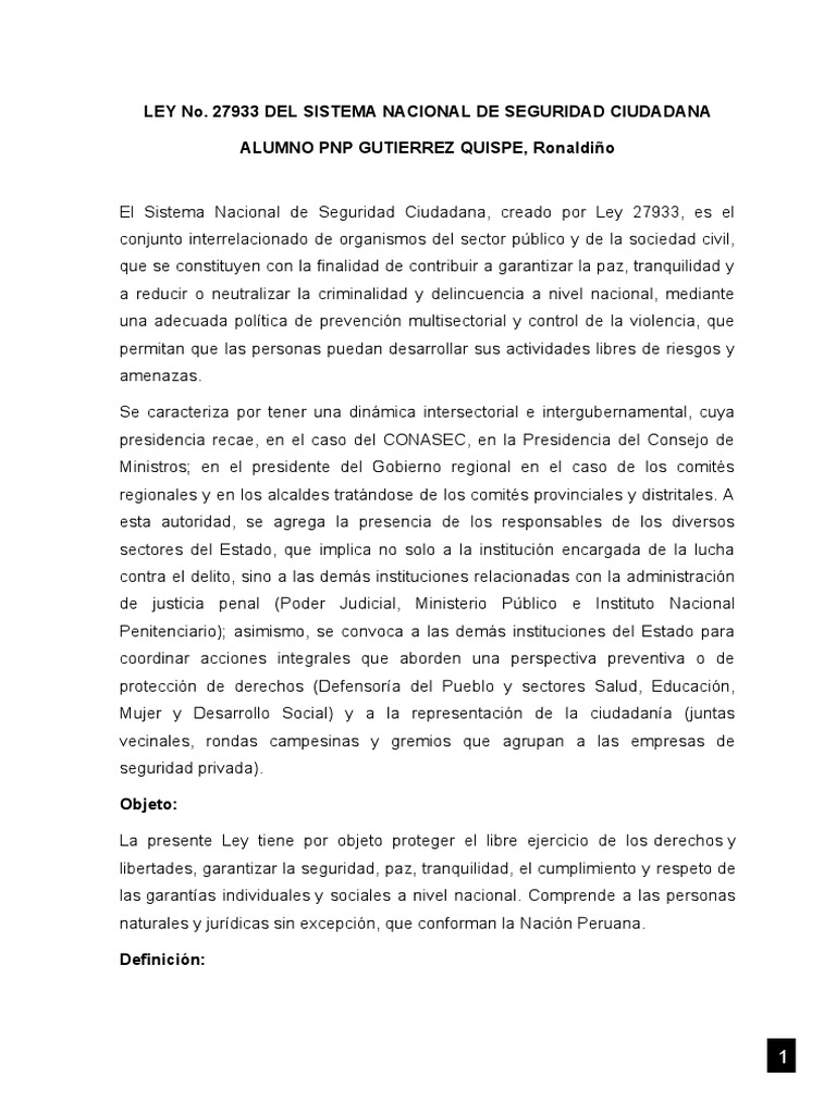 Ley No. 27933 Del Sistema Nacional de Seguridad Ciudadana Alumno PNP ...