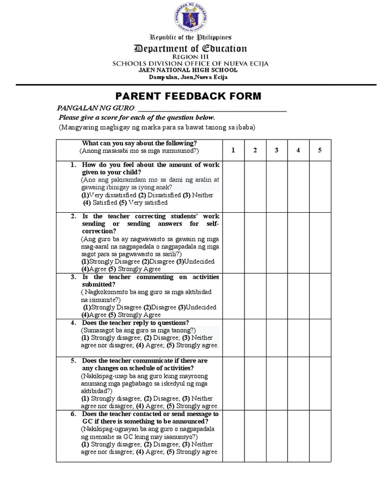 Parent Feedback Form | PDF
