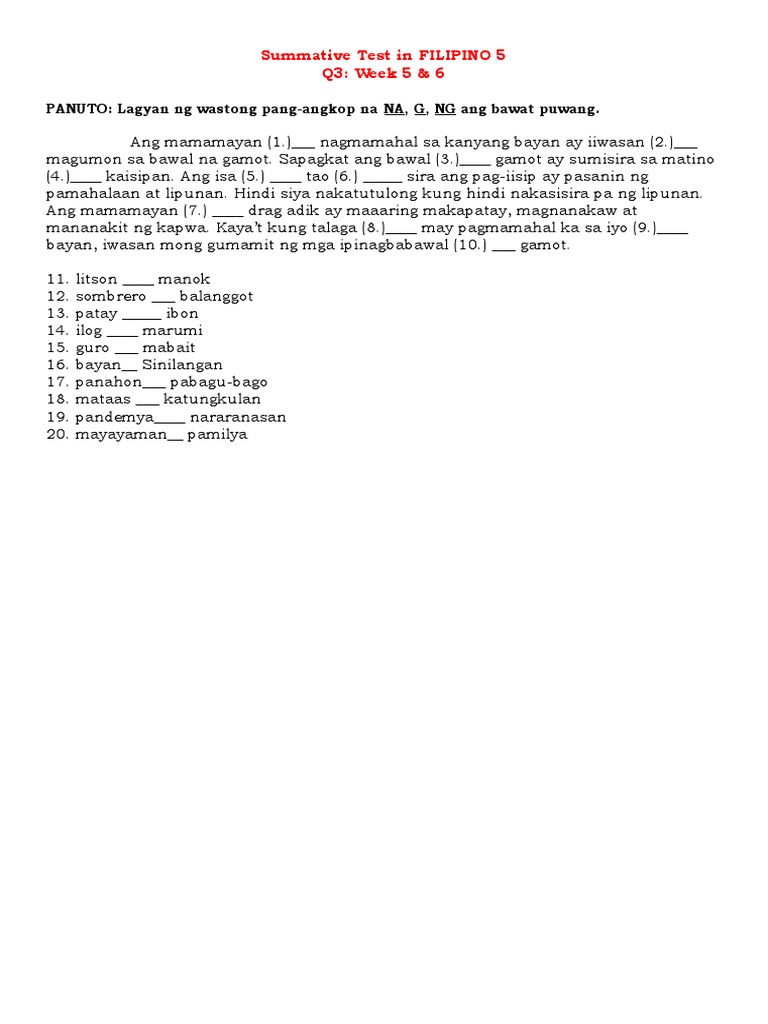Summative Test in FILIPINO Q3 Week 5 6 | PDF
