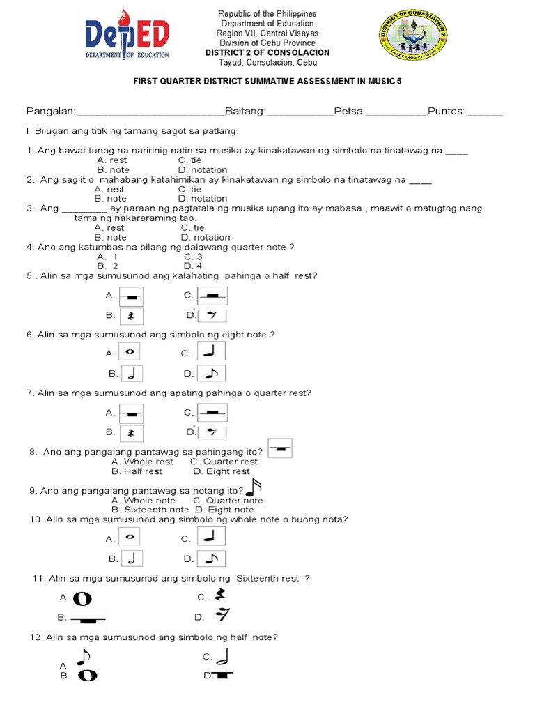 MUSIC 5-1st QUARTER-DISTRICT-SUMMATIVE-ASSESSMENT-TEST | PDF