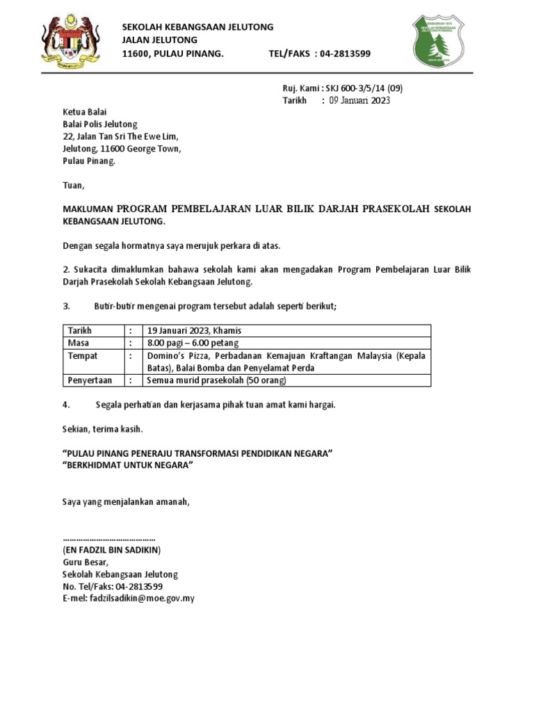 Surat Makluman Polis Program Luar Kelas Pra | PDF