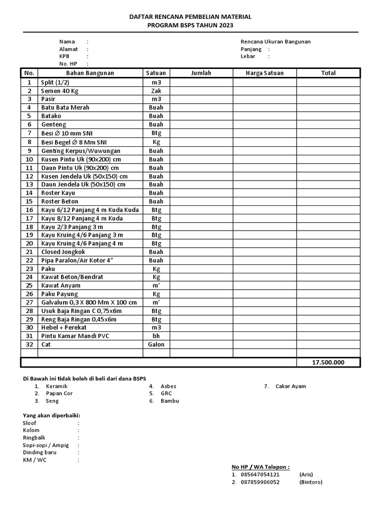 Daftar Rencana Pembelian Material Pro | PDF