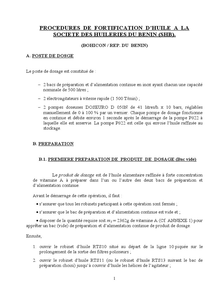 Procedure de Fortification - SHB - 2 | PDF | Huile alimentaire | Pompe