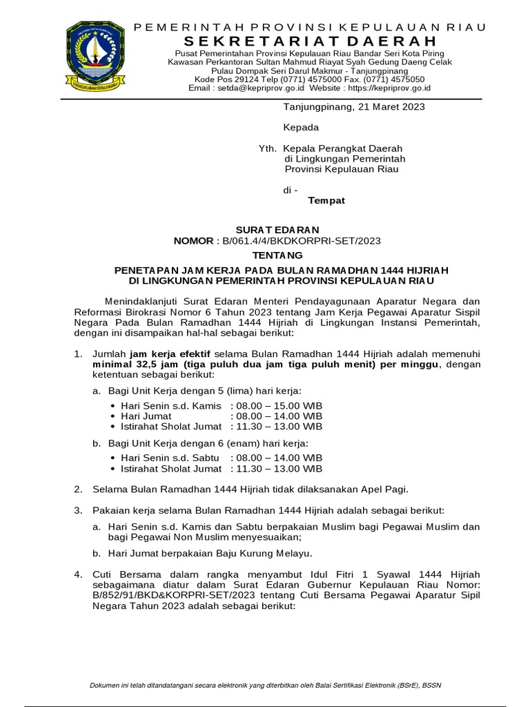 Sekda (Surat Edaran Jam Kerja Selama Bulan Ramadhan) PDF | PDF
