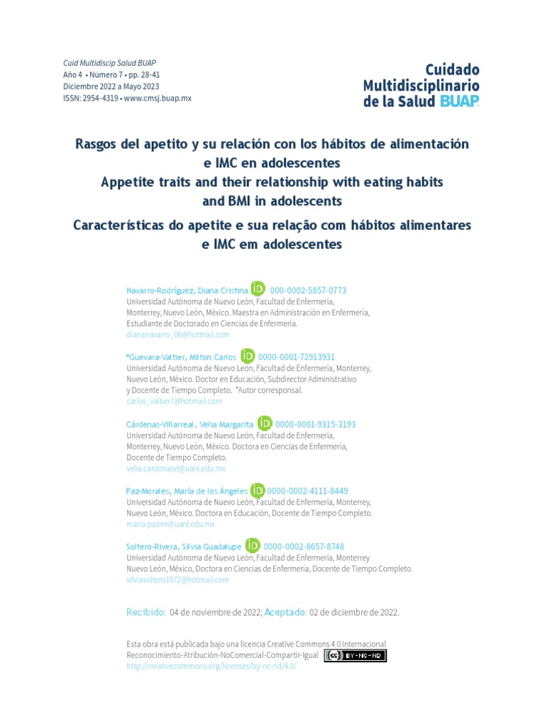 2022 Rasgos Del Apetito y Su Relación Con Los Hábitos de Alimentación e ...