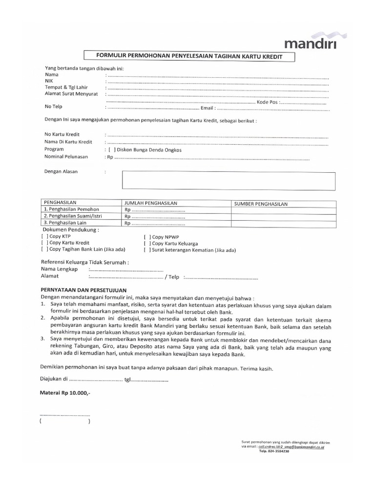 Formulir Pengajuan Penyelesaian Kartu Kredit Mandiri | PDF